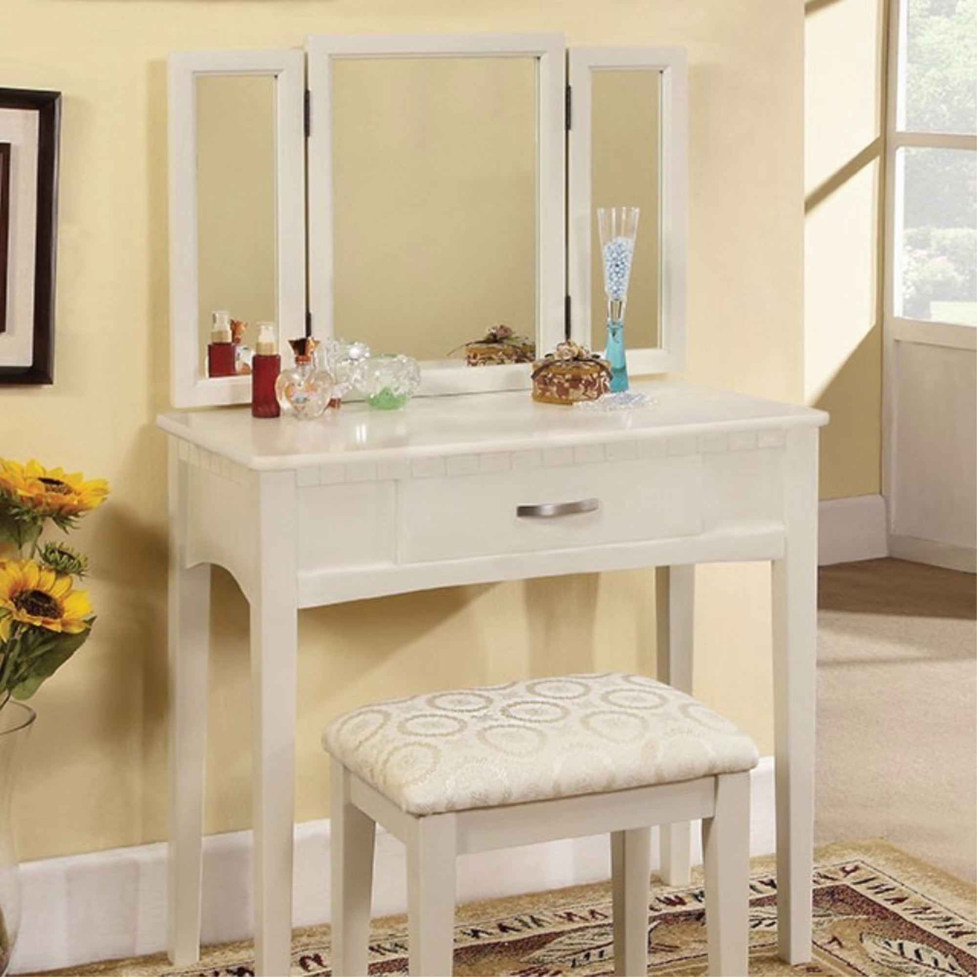 Pearl White Transitional Vanity Table With A Stool, White Finish ...
