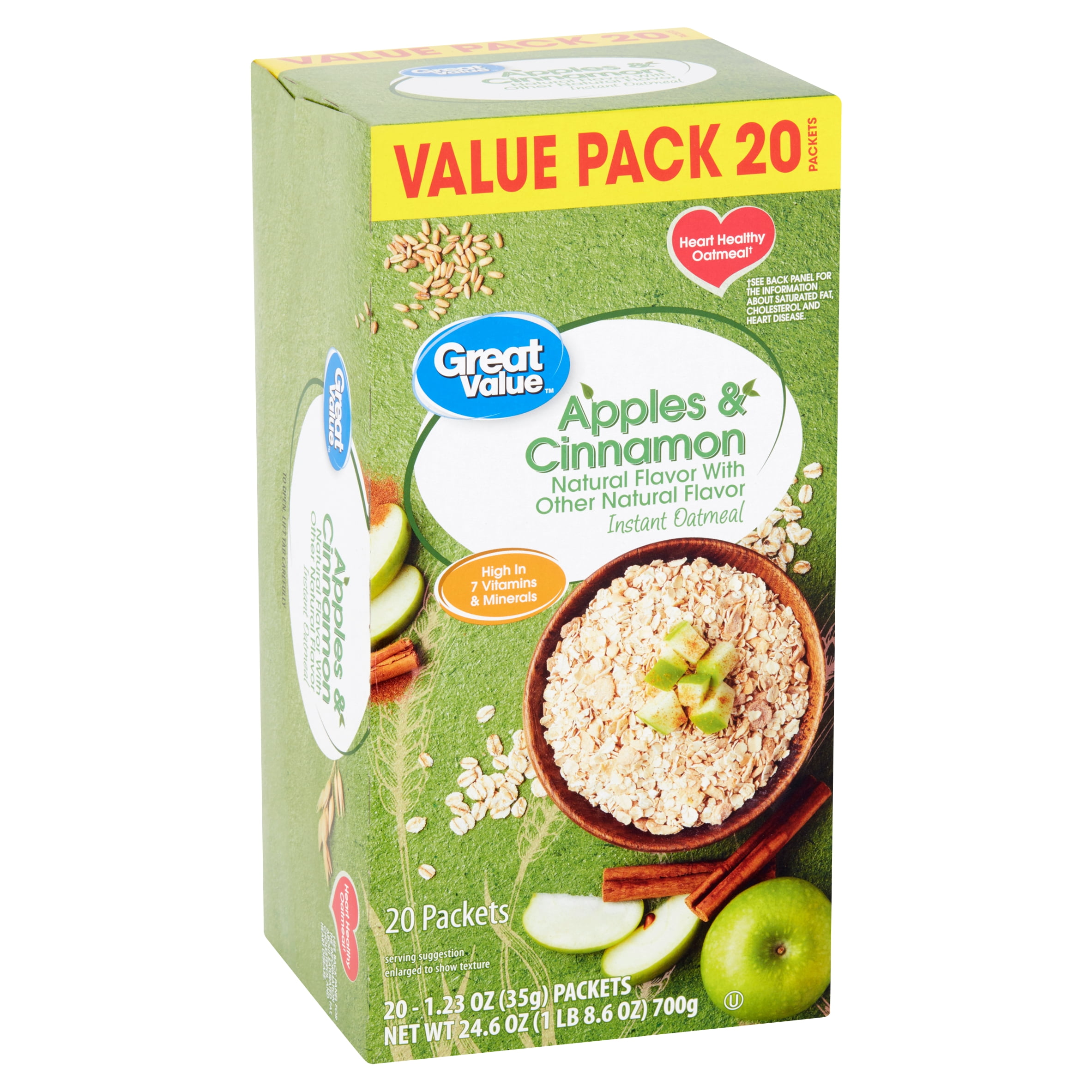 Great Value Apples & Cinnamon Instant Oatmeal Value Pack, 1.23 oz, 20 ...