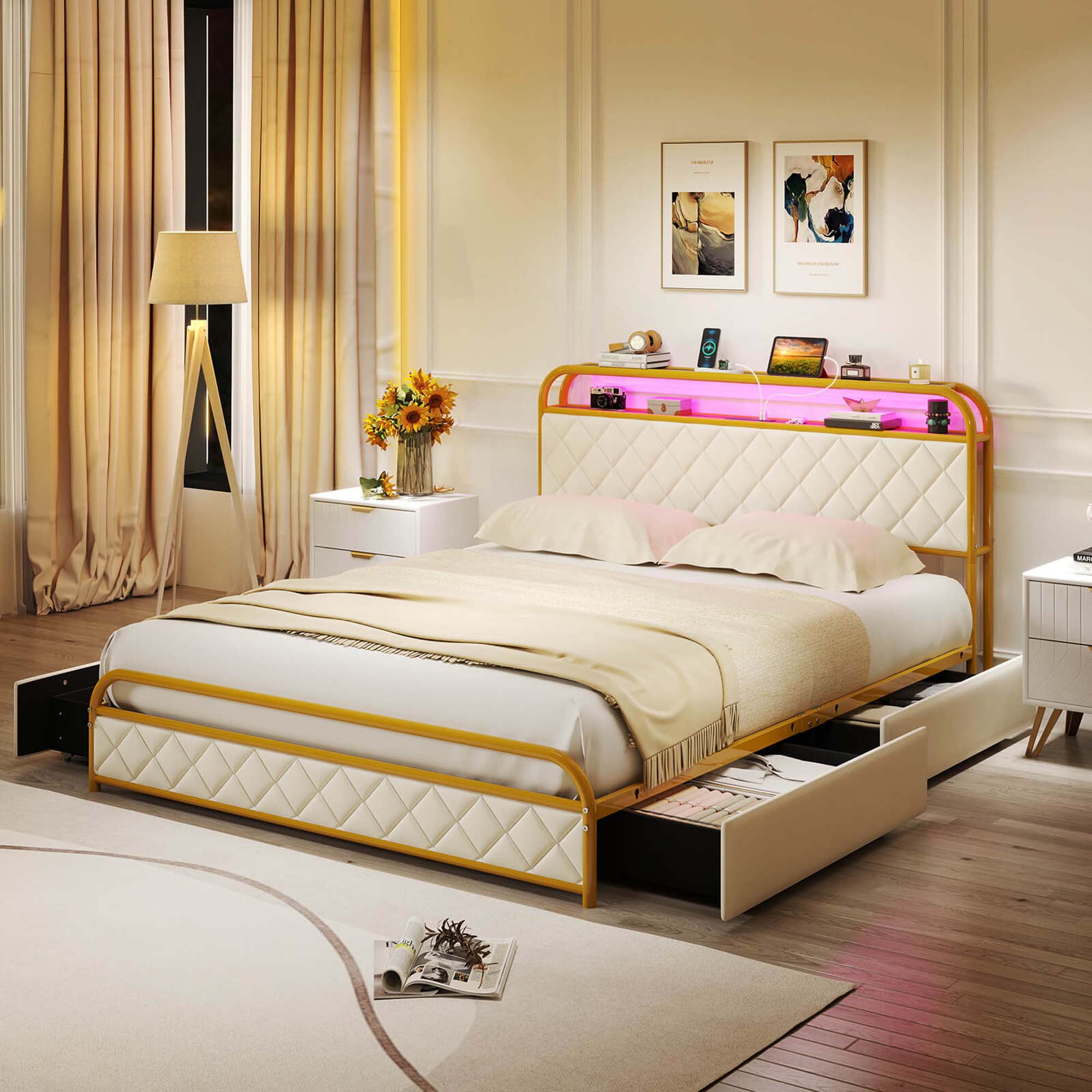 Click here for Costway Queen Size Bed Frame With Led Lights & Cha... prices
