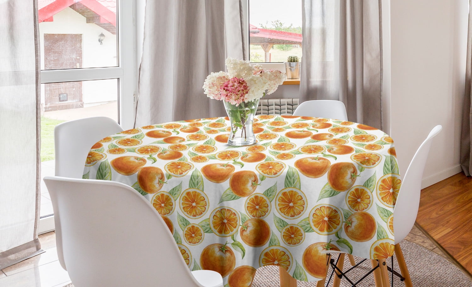 Nature Round Tablecloth, Orange Fruit Leaves Pattern Watercolors Citrus ...