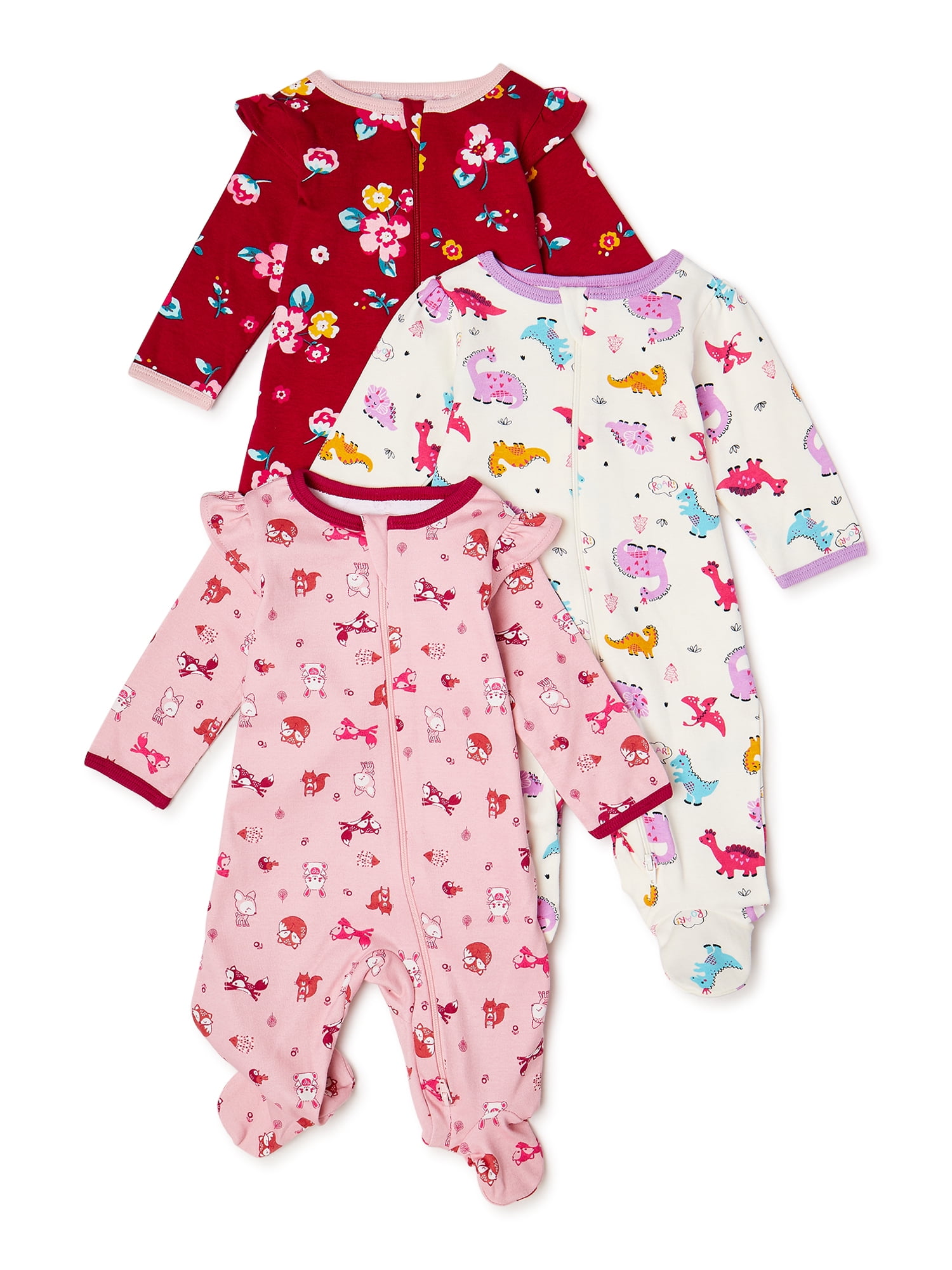 Wonder Nation Baby Girl Cotton Inverted Zipper Sleep 'N Play, 3-Pack ...