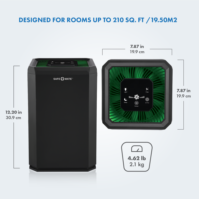 Safe Mate Air Purifier with True H13 HEPA Filter Touchscreen Controls Covers up to 210 SqFt. Black