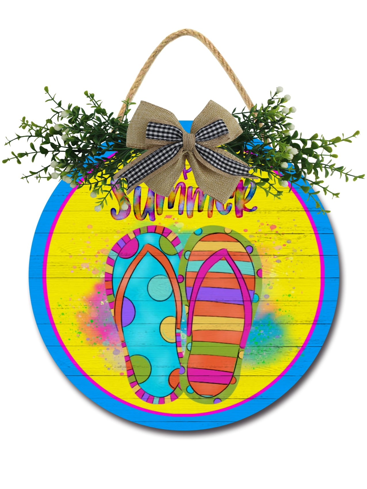 Happy Summer Door Sign Home Decor Round Wood Wreaths Wall Hanging Sign ...