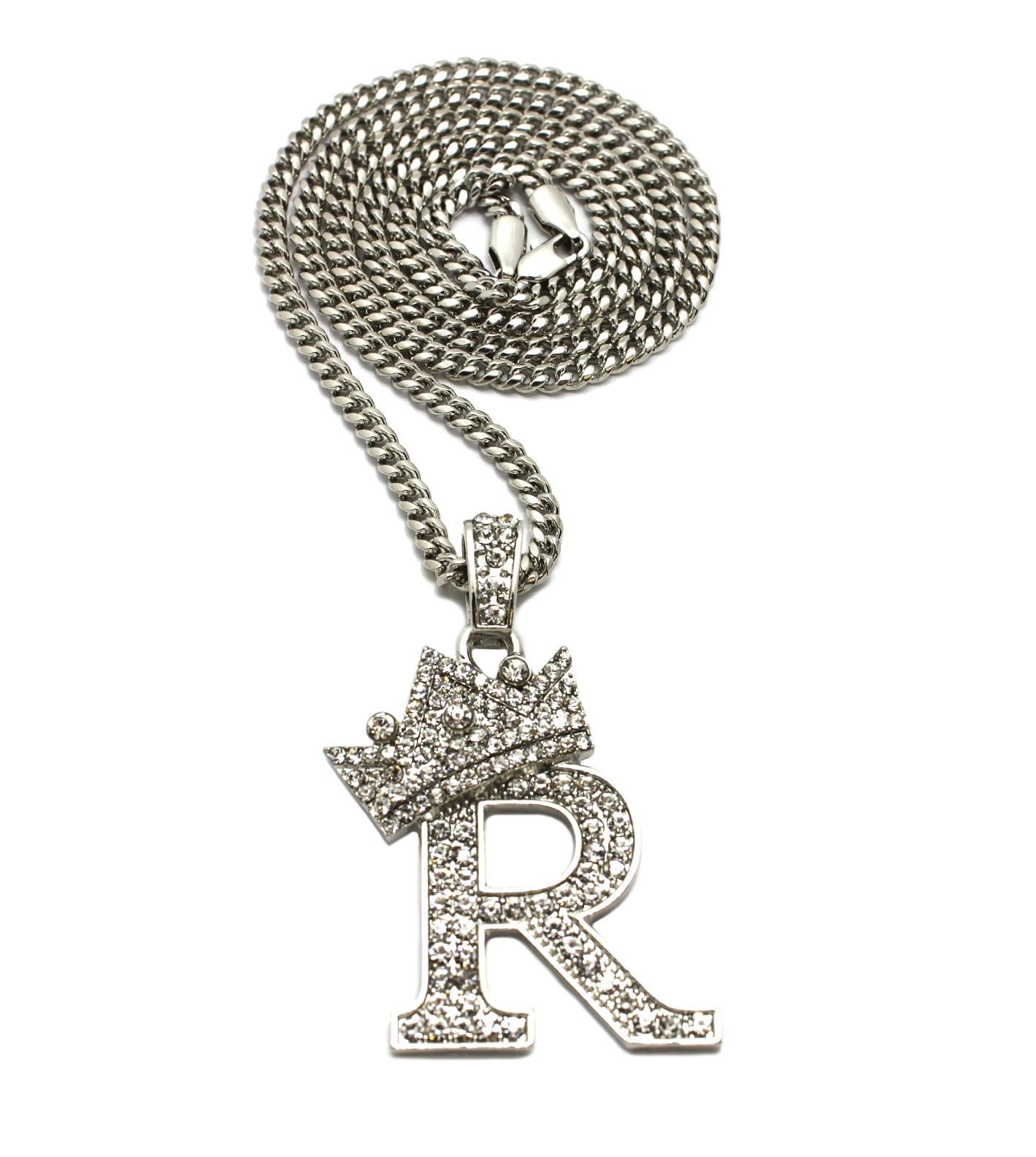 Stone Stud Allover Tilted Crown Initial R Pendant w/ 3mm 24" Cuban ...