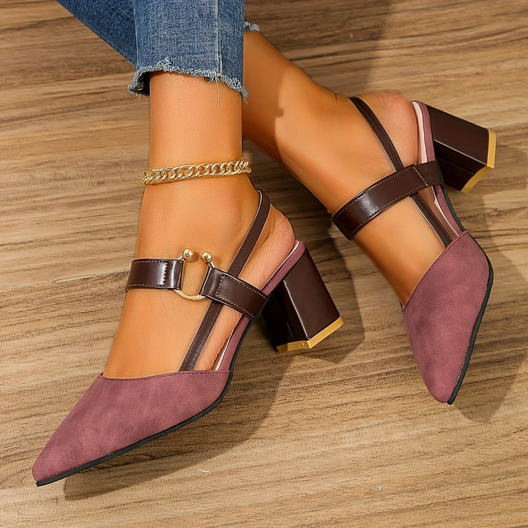 Versatile Slingback Shoes - Women's Pointed Toe Block High Versatile Slingback Shoes - Women's Pointed Toe Block High