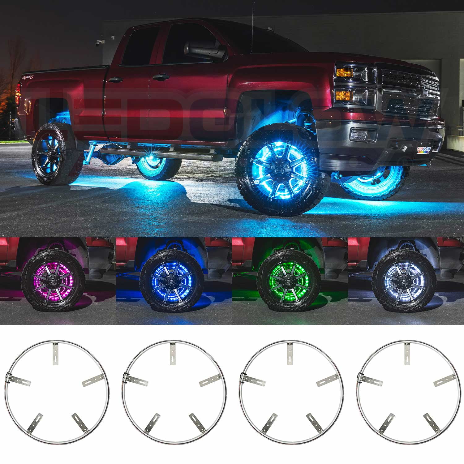 LEDGlow (2) 15-1/2" & (2) 17" Combo Million Color LED Wheel Ring Light ...