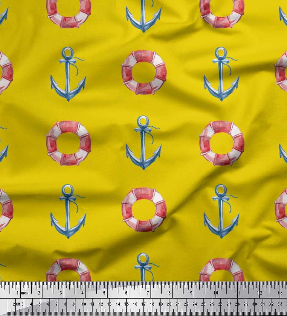 Soimoi Yellow Viscose Chiffon Fabric Life Ring & Anchor Hook Nautical ...