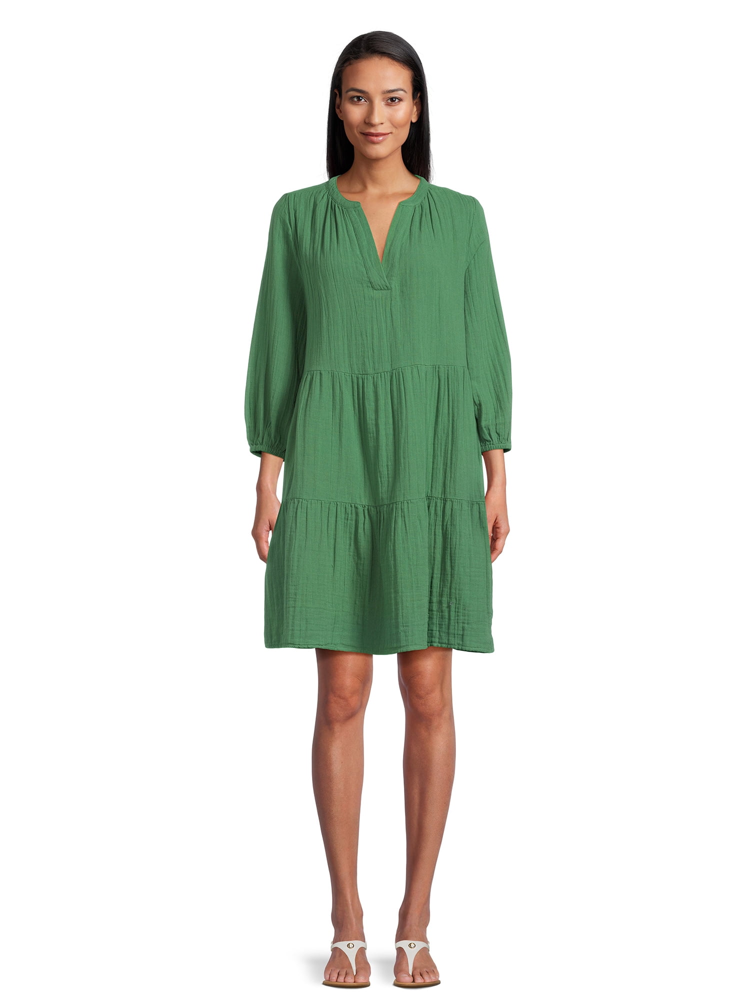 Time and Tru Women's Long Sleeve Tiered Double Cloth Dress, Sizes XS ...
