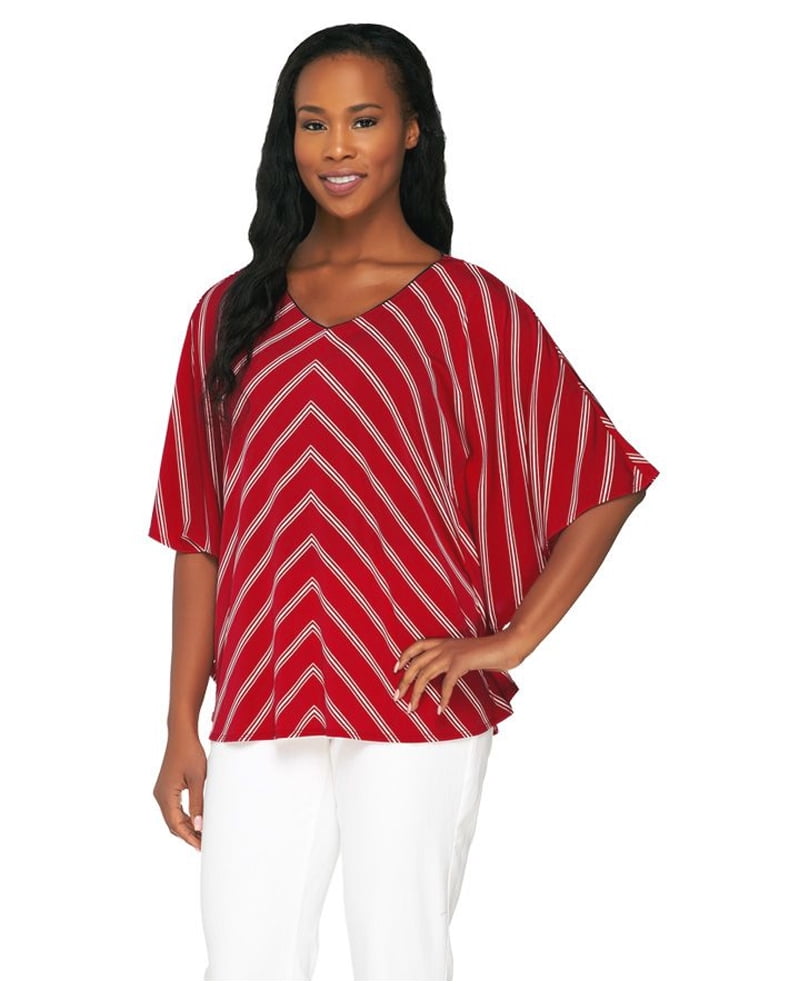 Susan Graver Womens Striped Liquid Knit V Neck Scarf Top Large Red
