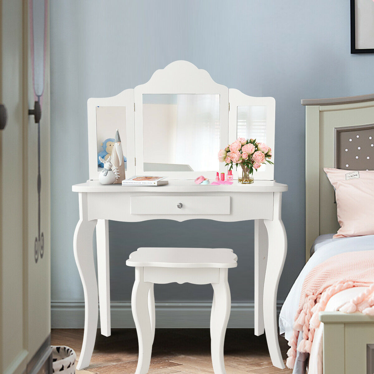 Costway Vanity Table Set Makeup Dressing Table Kids Girls Stool Mirror Costway Vanity Table Set Makeup Dressing Table Kids Girls Stool Mirror