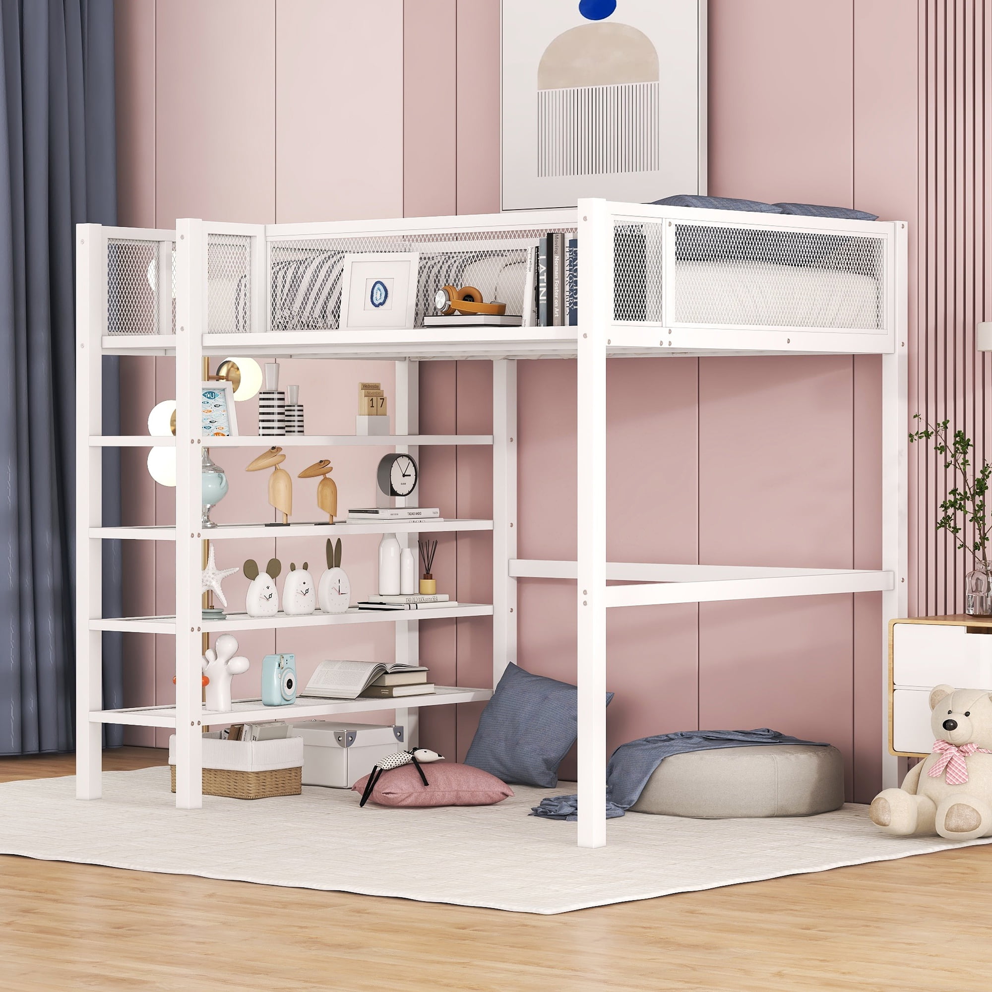 Bellemave Twin Metal Loft Bed with Storage Shelves Twin Size Loft Bed ...