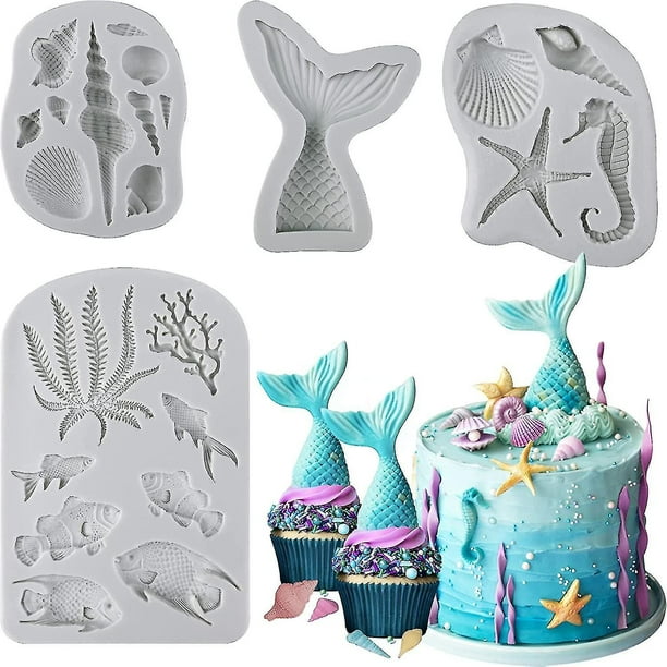 Ocean Theme Fondant Mold, 4 Pcs Mermaid Tail Shell Conch Starfish ...