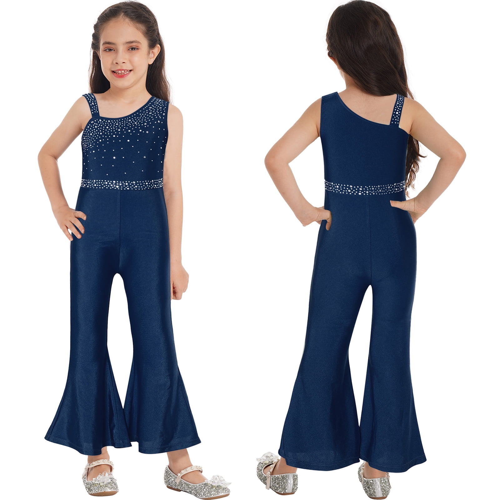 iiniim Girls Shiny Sleeveless Romper Dancewear Jumpsuit Bell-bottoms ...