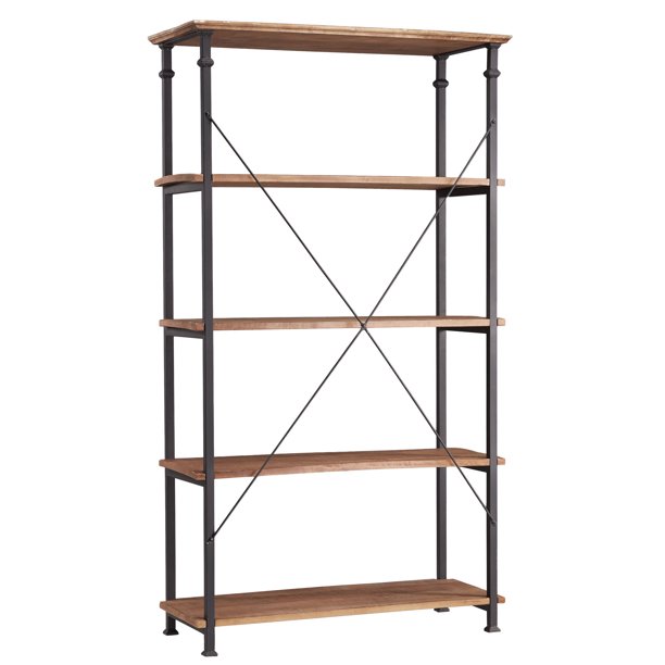 Weston Home Clayton 5 Shelf Wide Wood and Metal Bookcase, Light Brown ...