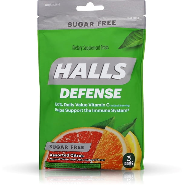 Halls Defense Vitamin C Drops Sugar Free Assorted Citrus 25 Each (Pack ...