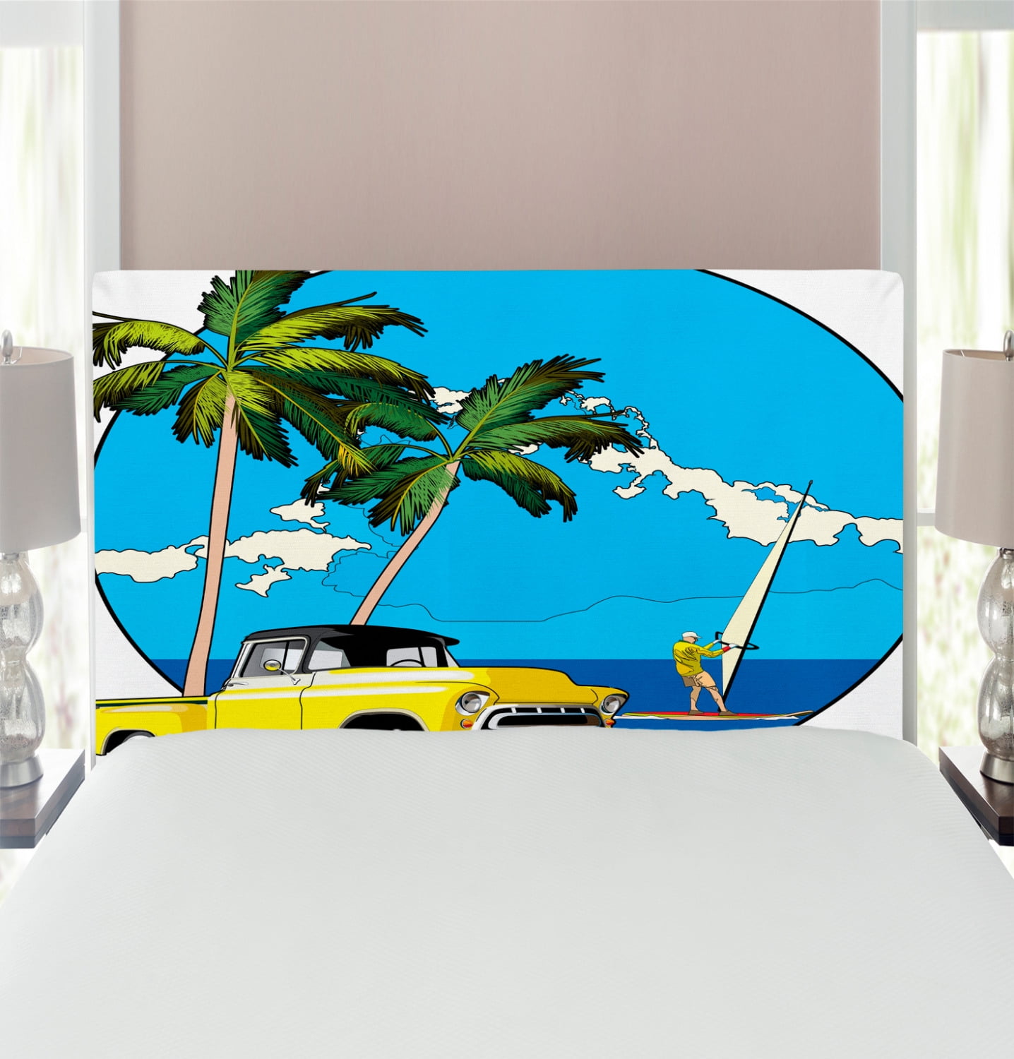 Retro Headboard, Graphic Design Nostalgic Chevy Car a Sailer Guy in the ...