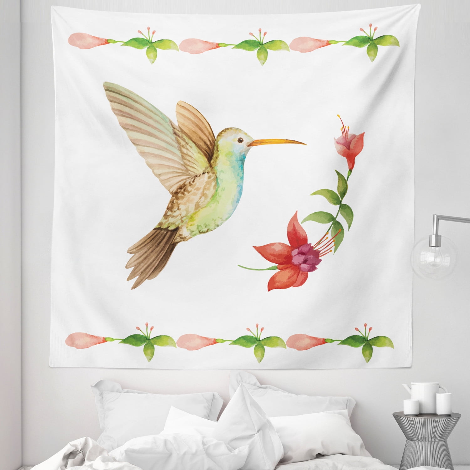 Nature Tapestry, Hummingbird Flying over a Fuchsia Flower Stem ...