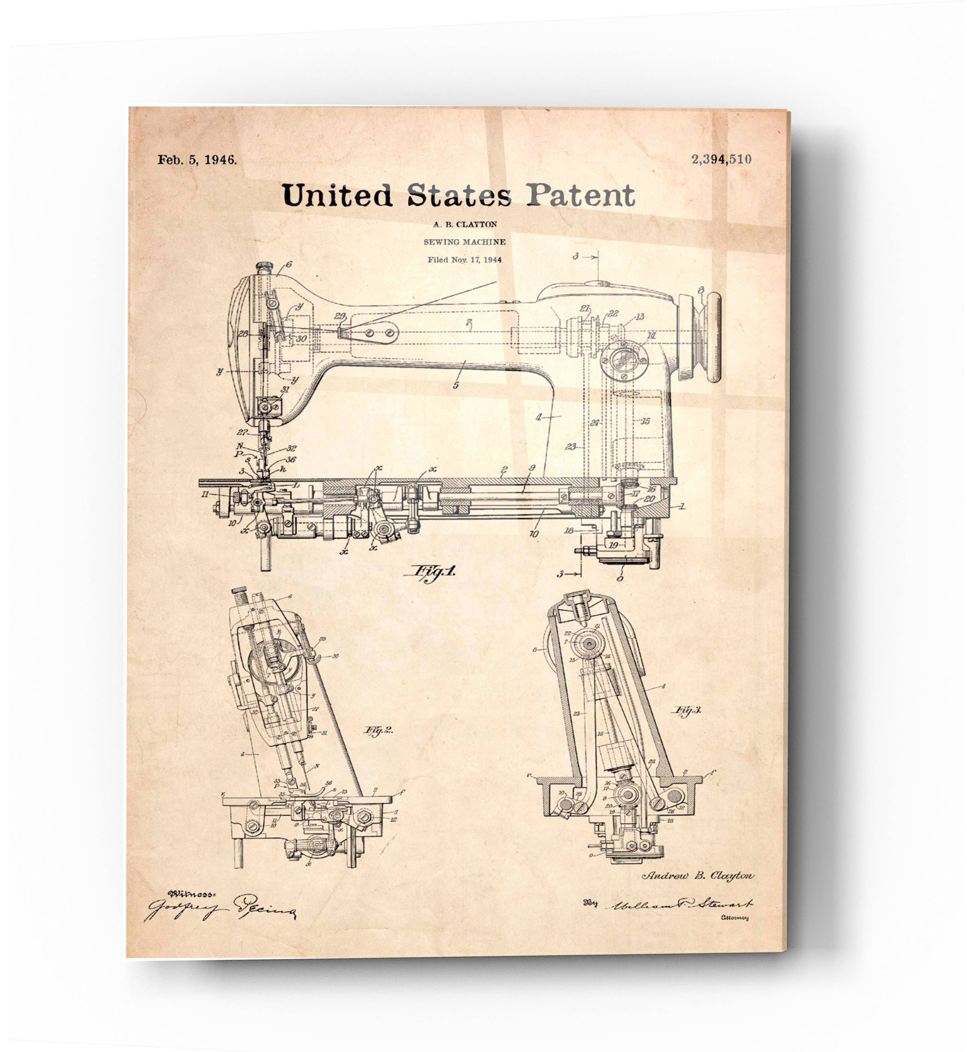 Epic Art 'Sewing Machine Blueprint Patent Parchment' Acrylic Glass Wall ...
