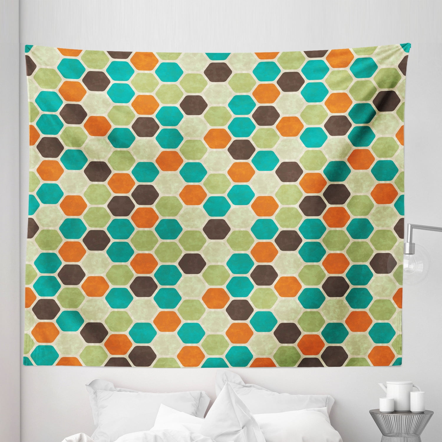 Retro Tapestry, Hexagonal Shapes Honeycomb Geometric Pattern with ...