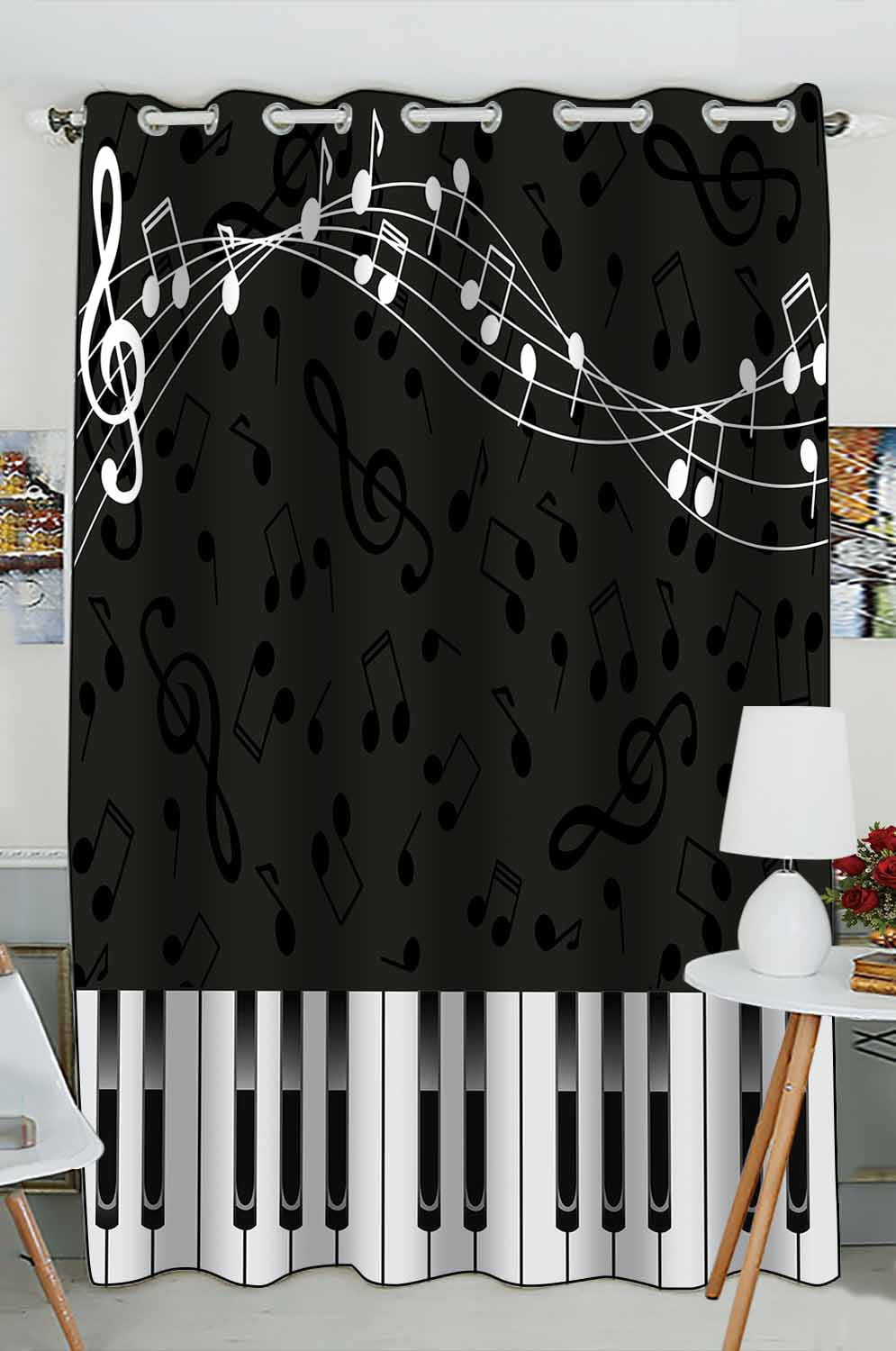 ABPHQTO Dark Piano Keys And Notes Window Curtain Kitchen Curtain Window ...