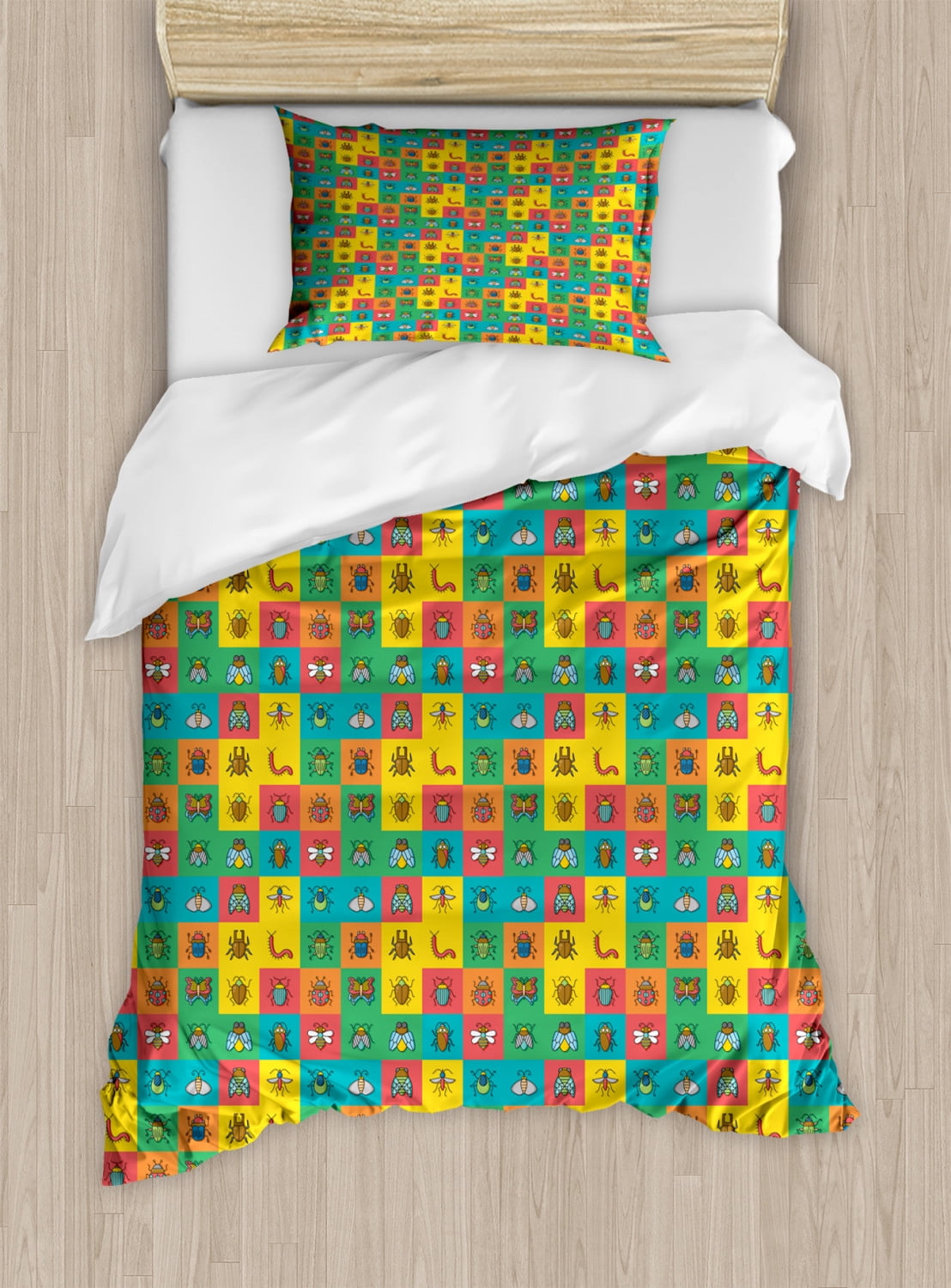Colorful Duvet Cover Set Twin Size, Cartoon Image of Bugs as Bumblebee ...