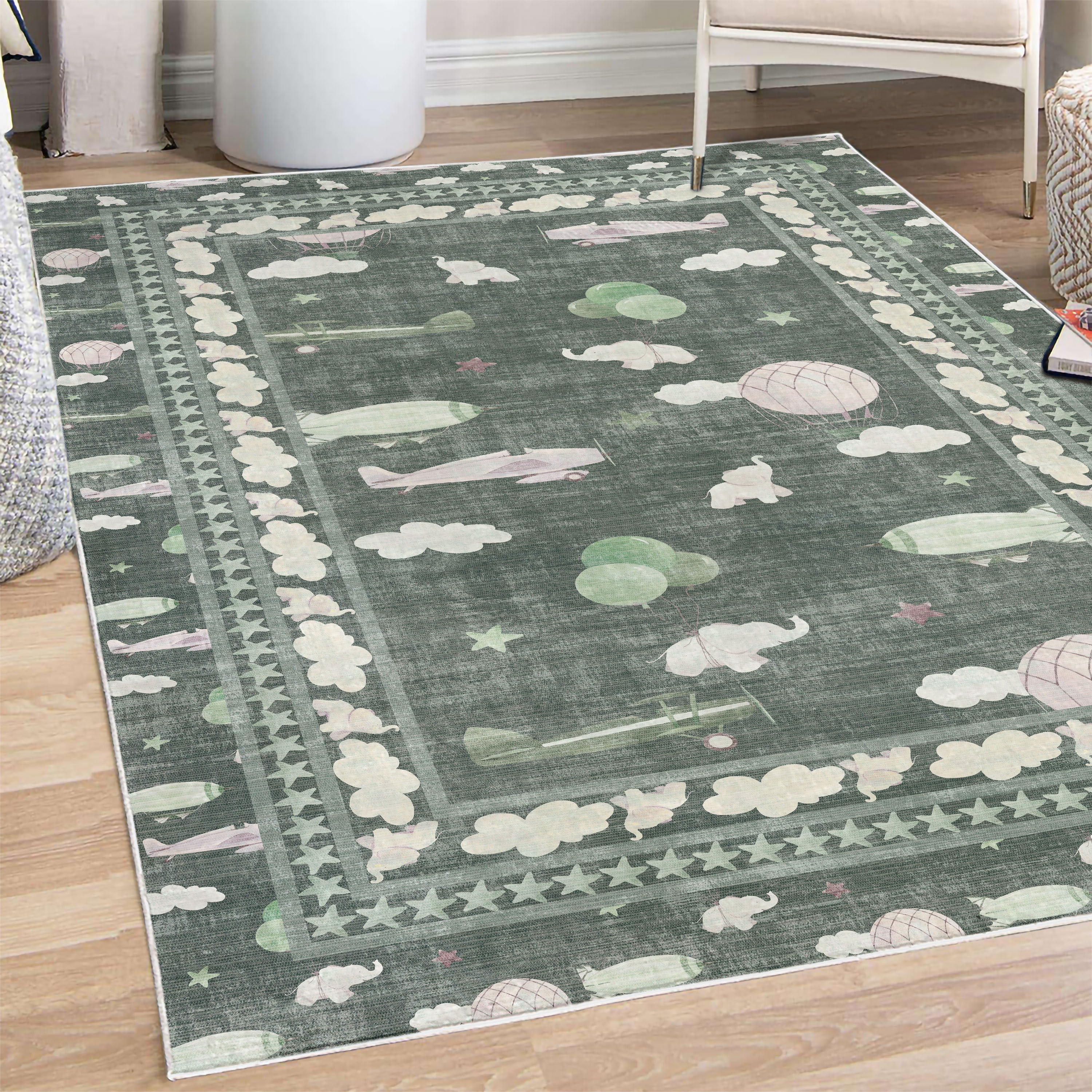 Cartoon Decorative Rug, Vintage Air Planes Hot Air Balloons Flying ...