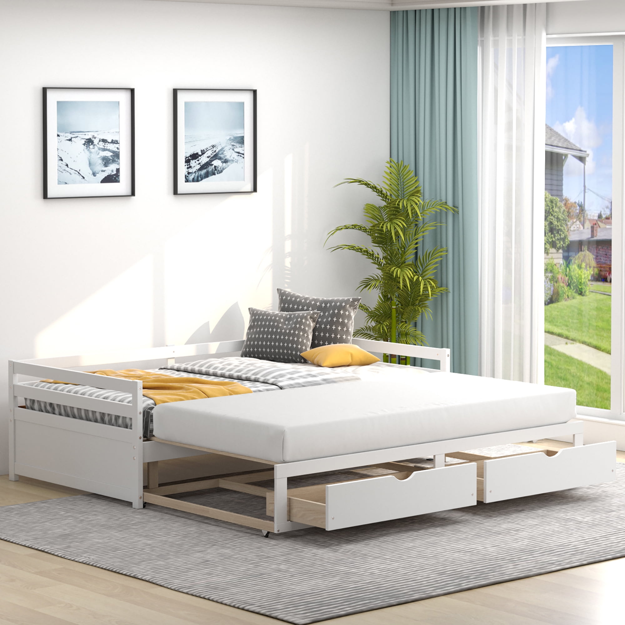Costway Twin to King Daybed with 2 Drawers Wooden Sofa Bed for Bedroom ...