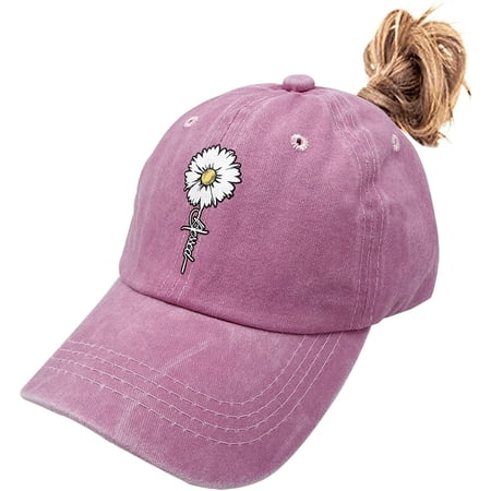 P5HAO Girls' Daisy Blessed Ponytail Hat Kids Faith High Messy Bun ...