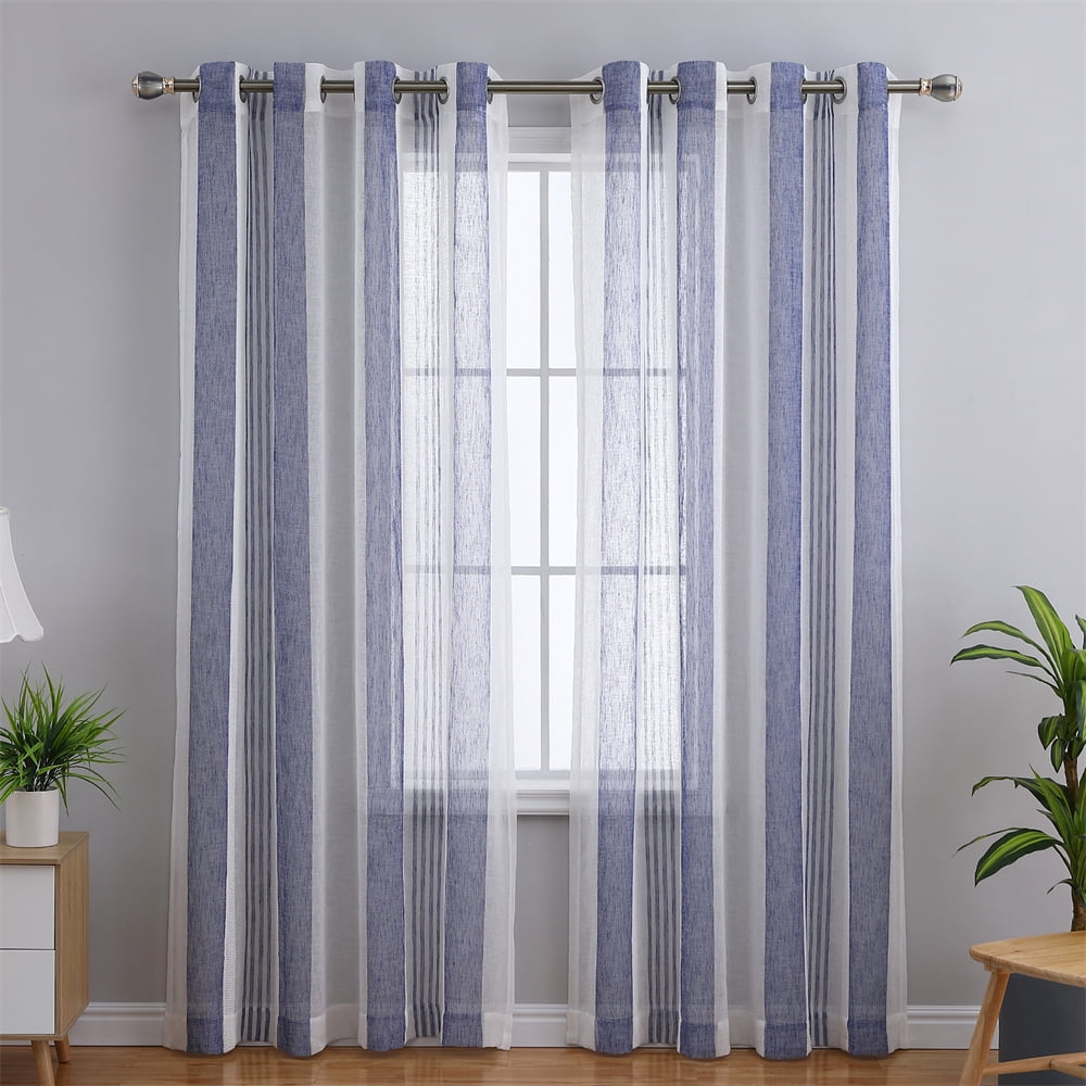 2 Panels Semi Sheer Stripe Tulle Curtains, Metal Grommet Rod Pocket ...