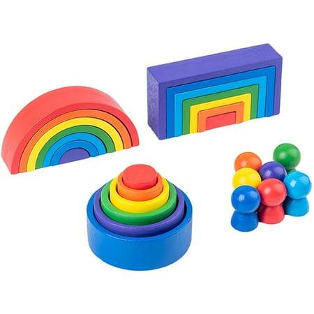 Rainbow Building Block Wood Stacking Toy Educational Wood Peg Doll ...