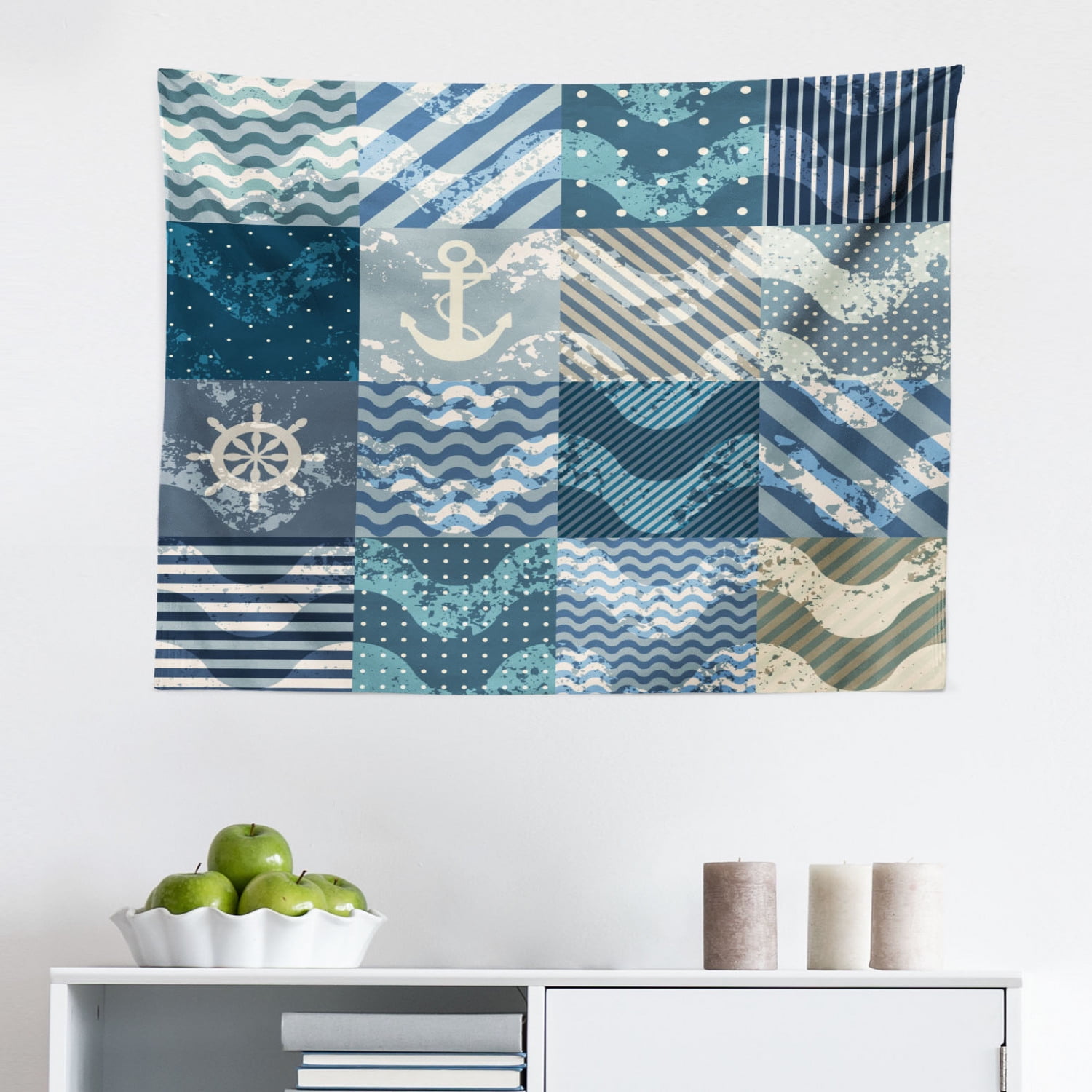 Nautical Tapestry, Illustration of an Anchor and Steering Wheel ...