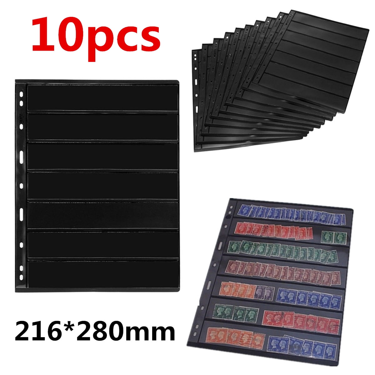 10 Sheet of Stamp Stock Pages (7 Strips) w 9 Binder Holes - Black ...