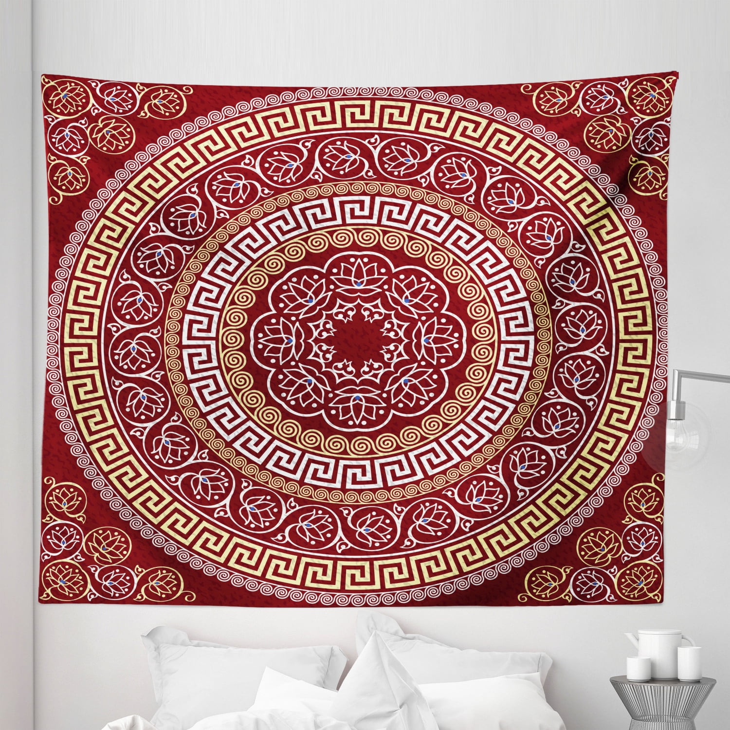 Greek Key Tapestry, Round and Square Ornament Meander with Floral ...