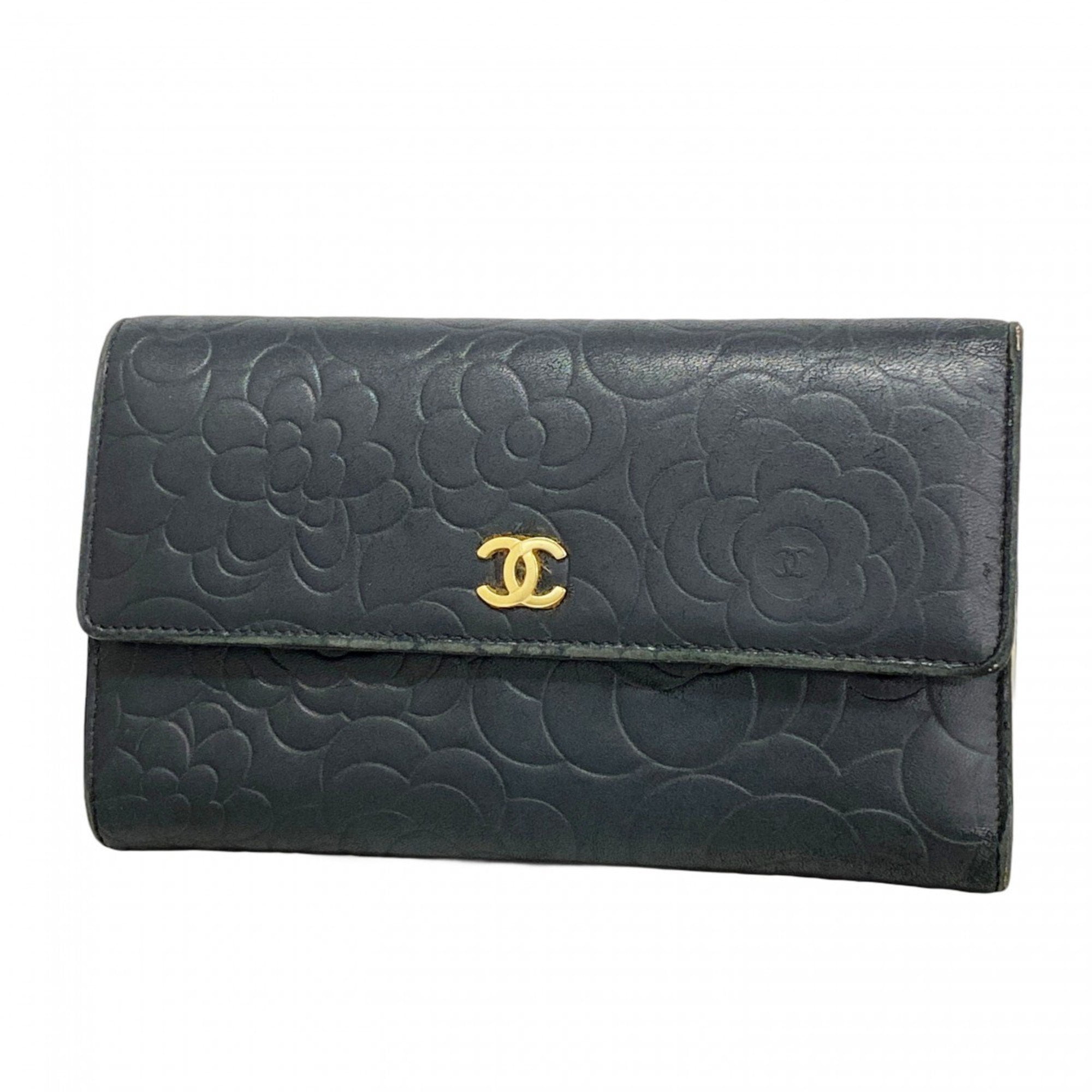 Pre-Owned Chanel Tri-fold Long Wallet Camellia Lambskin Black Women's ...