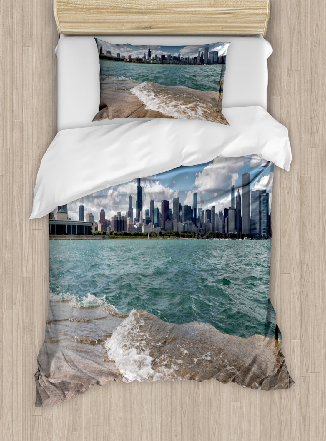 Illinois Duvet Cover Set Twin Size, Michigan Lake Chicago Scenery in a ...