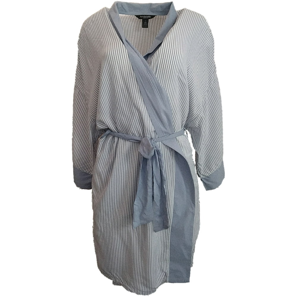 Ambrielle - Womens Steel Blue Striped Bathrobe Pocketed House Coat Bath ...