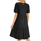 HUBERY Women Crew Neck Short Puff Sleeve Ruffled Keyhole Back Midi ...