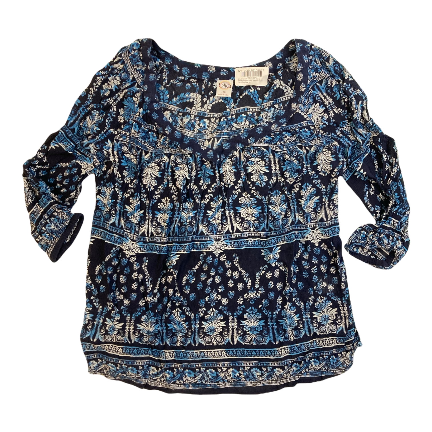 Bila Women's V-Neck 3/4 Sleeve Paisley Printed Flowy Peasant Blouse Top ...