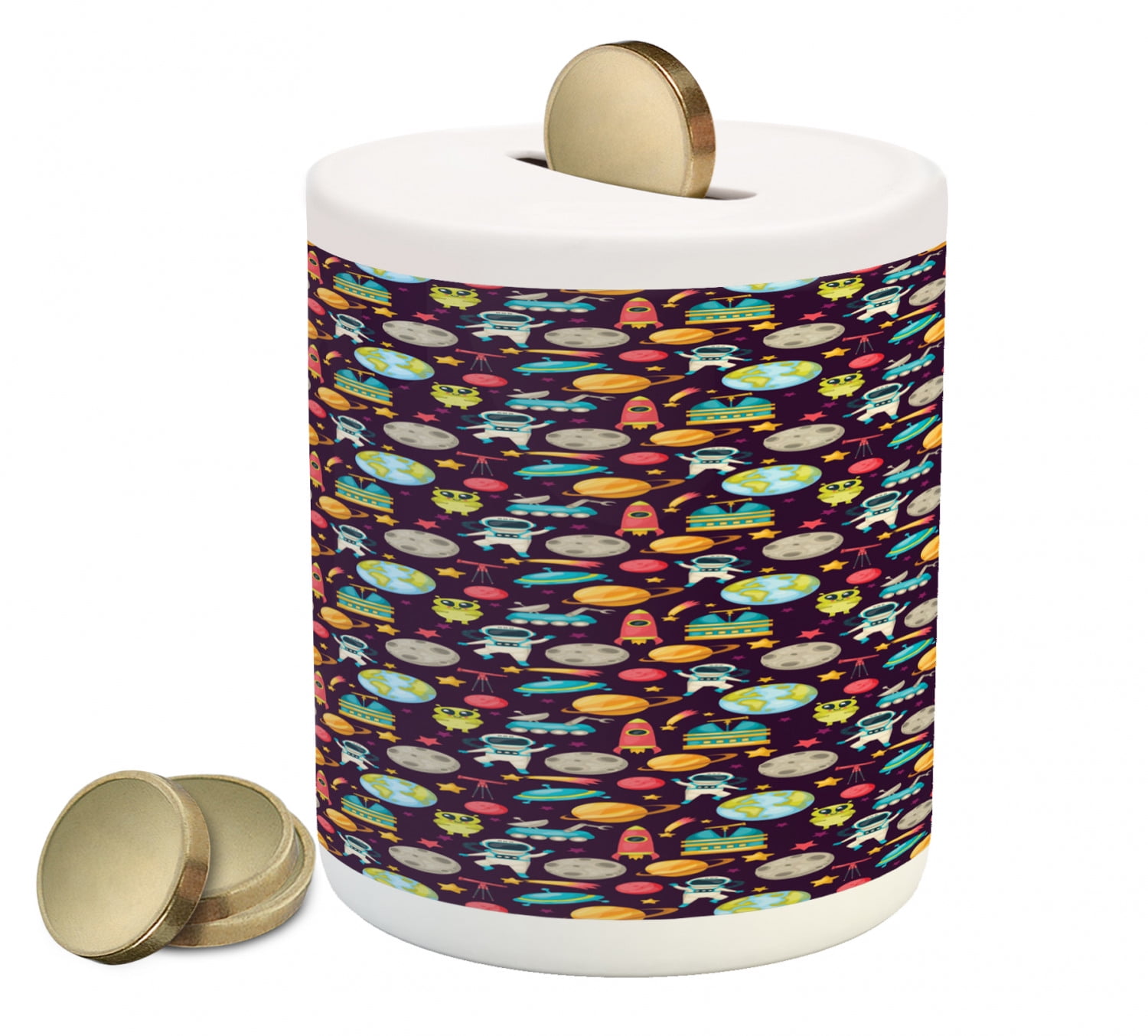 Outer Space Piggy Bank, Galaxy Party Pattern Ufo Aliens Telescope ...