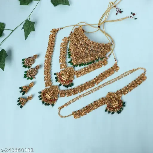 Indian Traditional South Indian Temple Jewellery Laxmi Design Semi Bridal Jewellery Set With Green And White Pearls Drops Paired With Earrings For