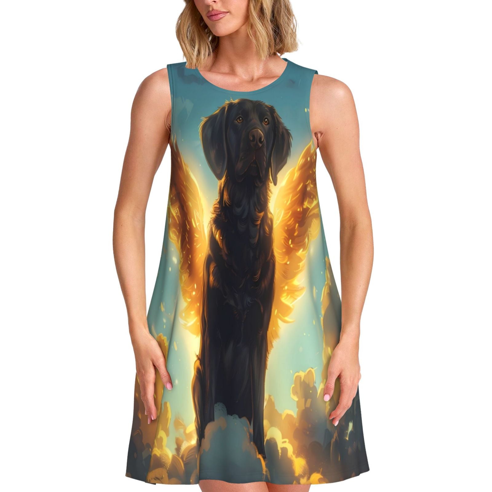 Daiia Golden Cloud Winged Dog Print Women's Dresses 2025 Trendy Short ...