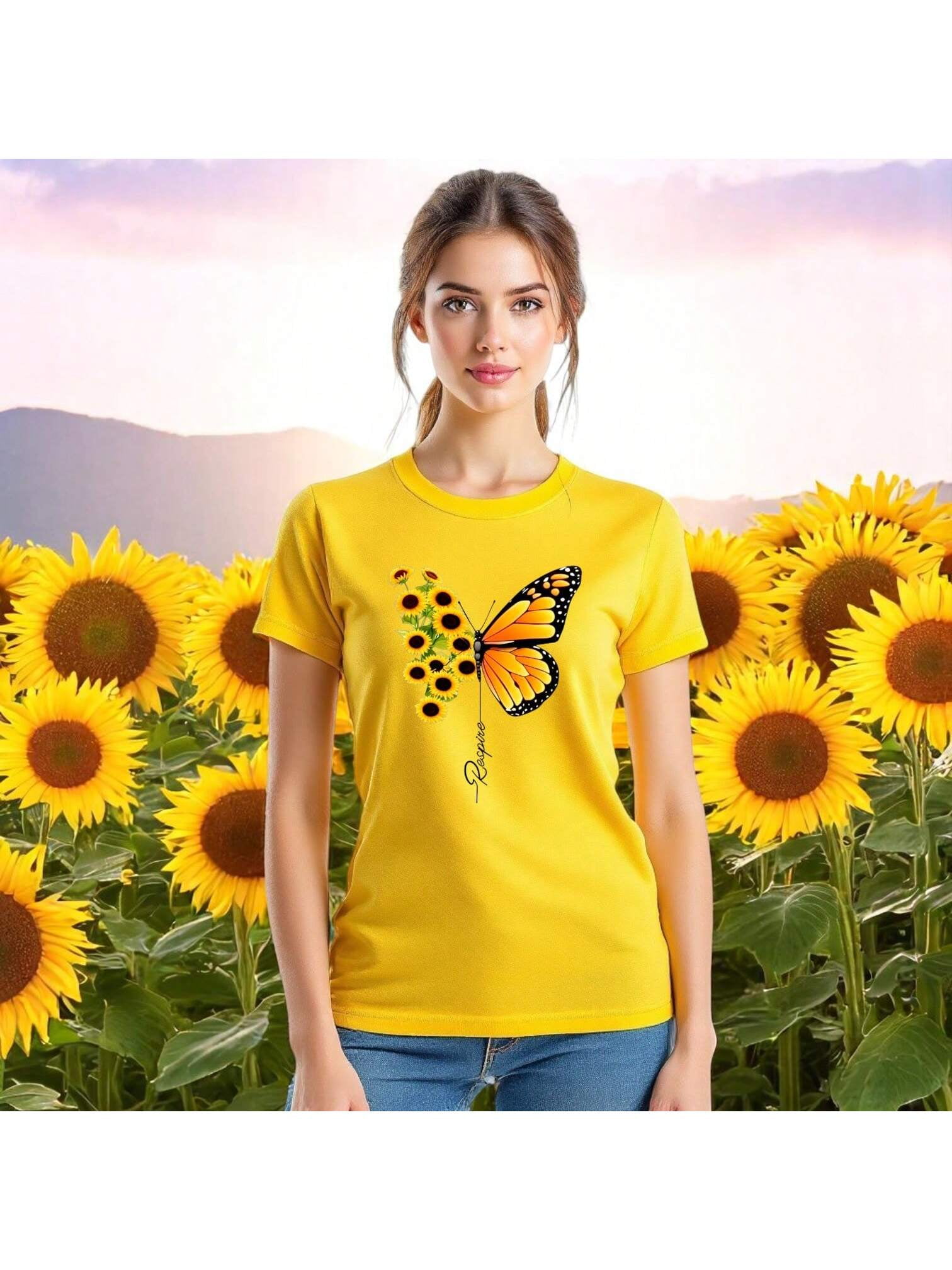 Blusa con Estampado de Mariposa y Girasoles – Diseño Único y ...