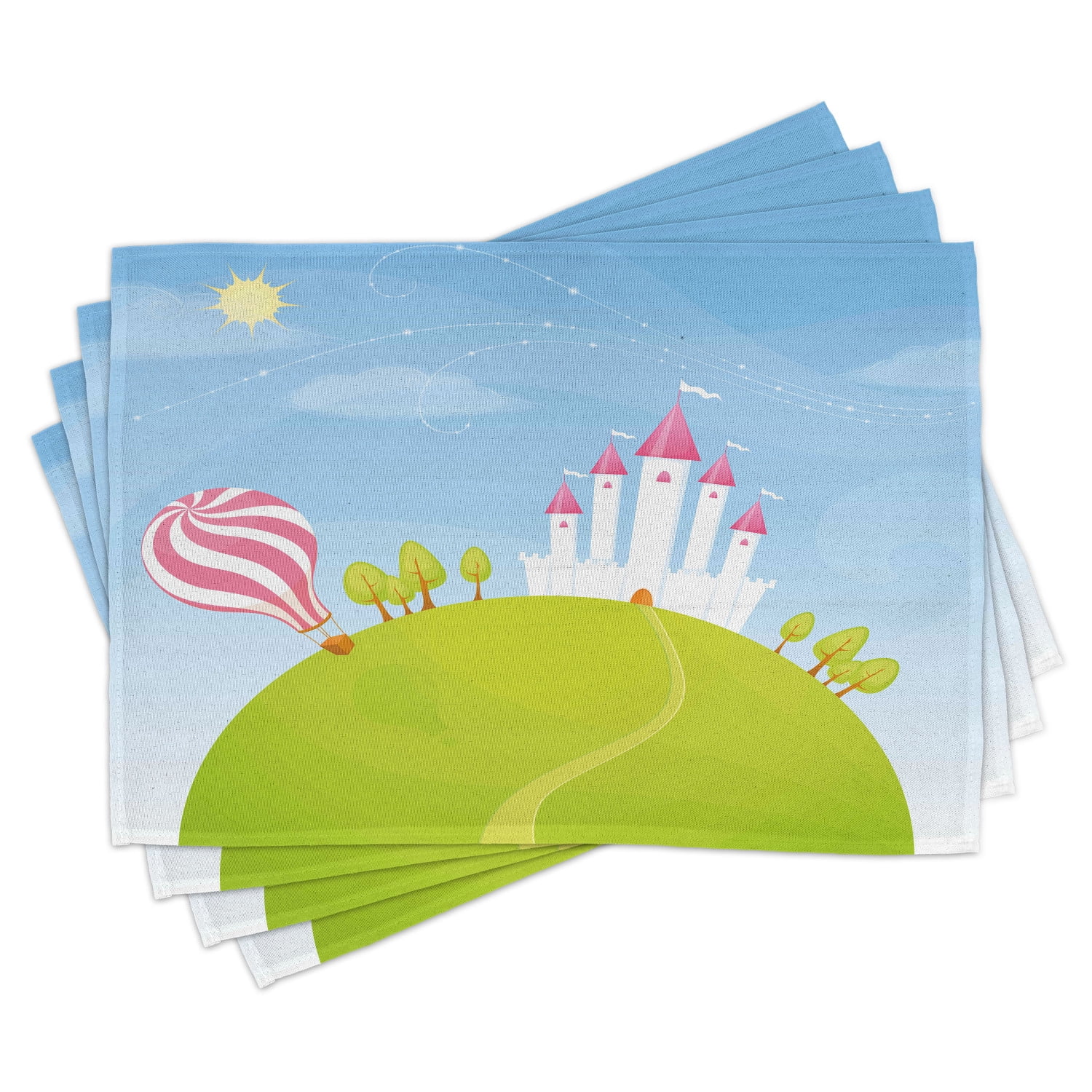 Ambesonne Cartoon Place Mats Set of 4, Hills Hot Air Balloon, Standard ...