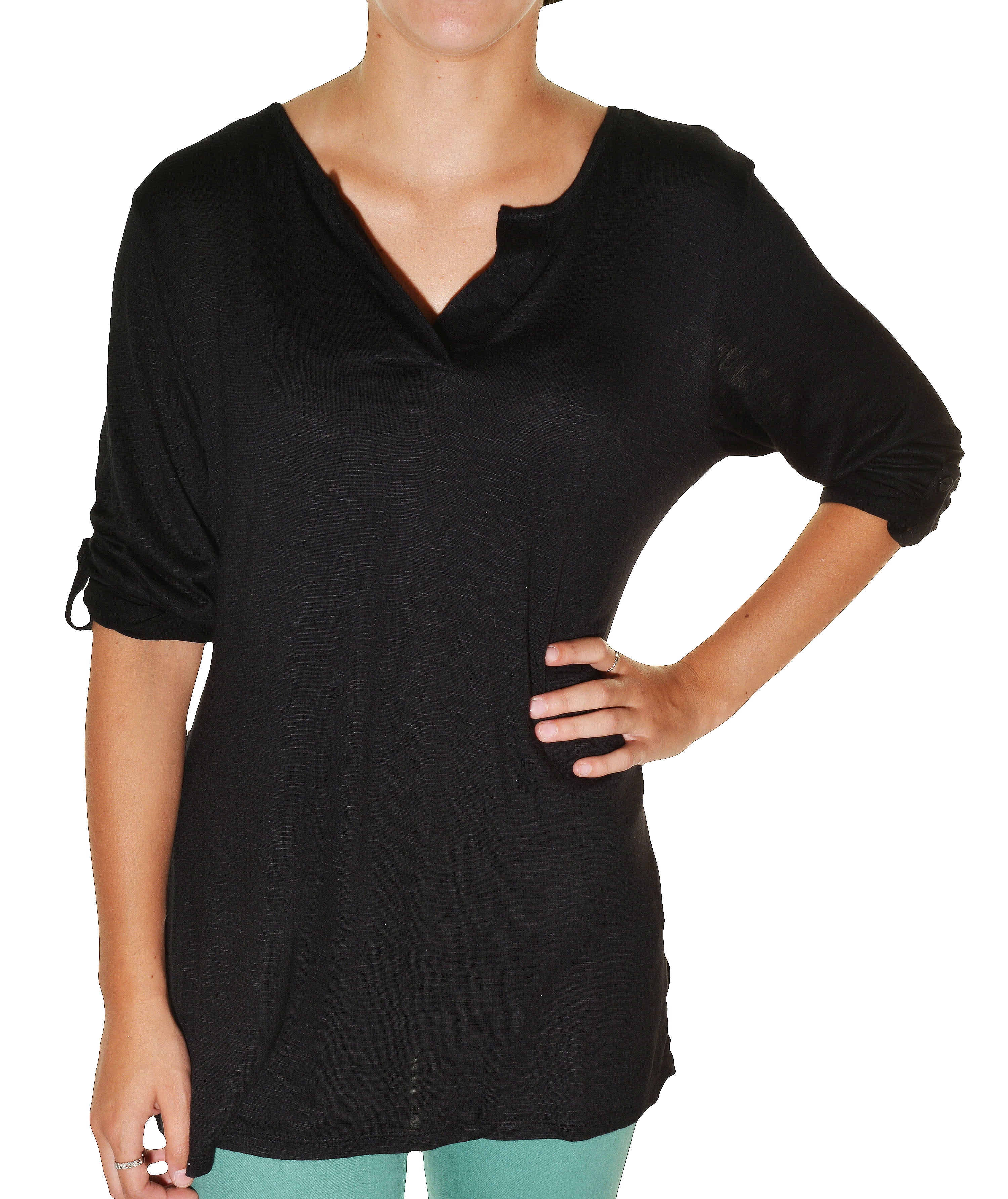 Leo & Nicole Womens Roll Tab Henly Shirt (Solid Black, Small) - Walmart.com