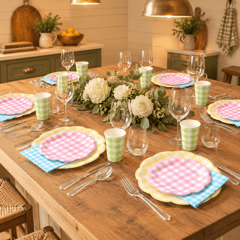 Pastel Plaid Disposable Paper Plates Tableware Set for 50 Guests ...