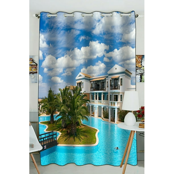 EREHome Tropical resort palm trees and girl in swimming pool Blackout ...