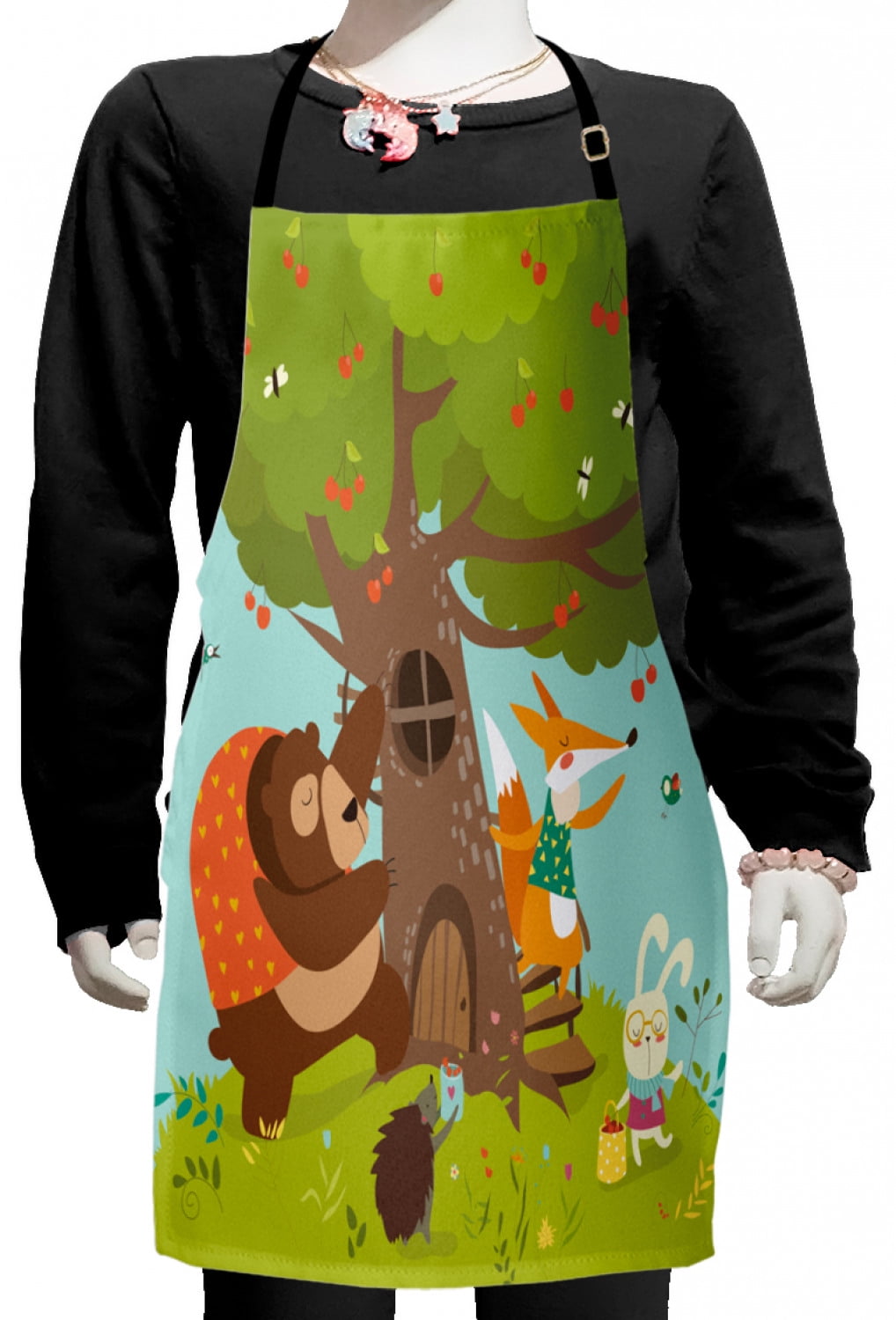 Hedgehog Kids Apron, Animal Group Harvesting Cherries Bear and Bunny ...