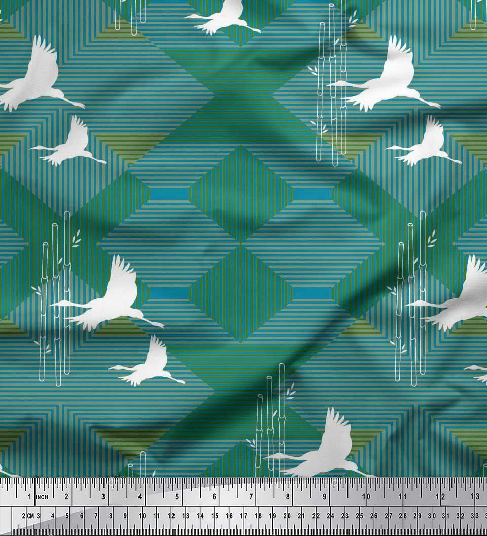 Soimoi Cotton Duck Fabric Geometric & Flying Stork Bird Print Fabric by ...