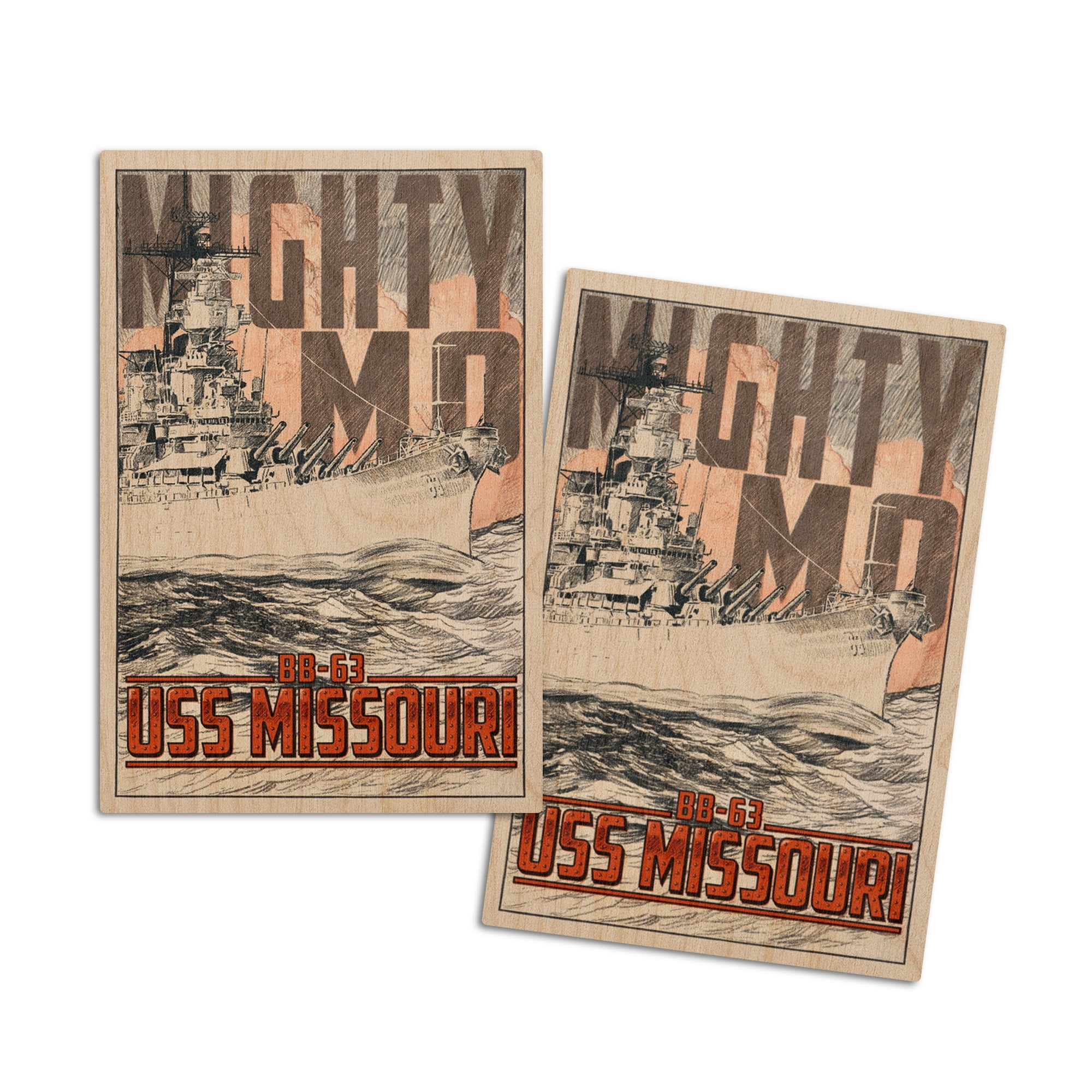 USS Missouri, Mighty Mo (4x6 Birch Wood Postcards, 2-Pack Stationary ...