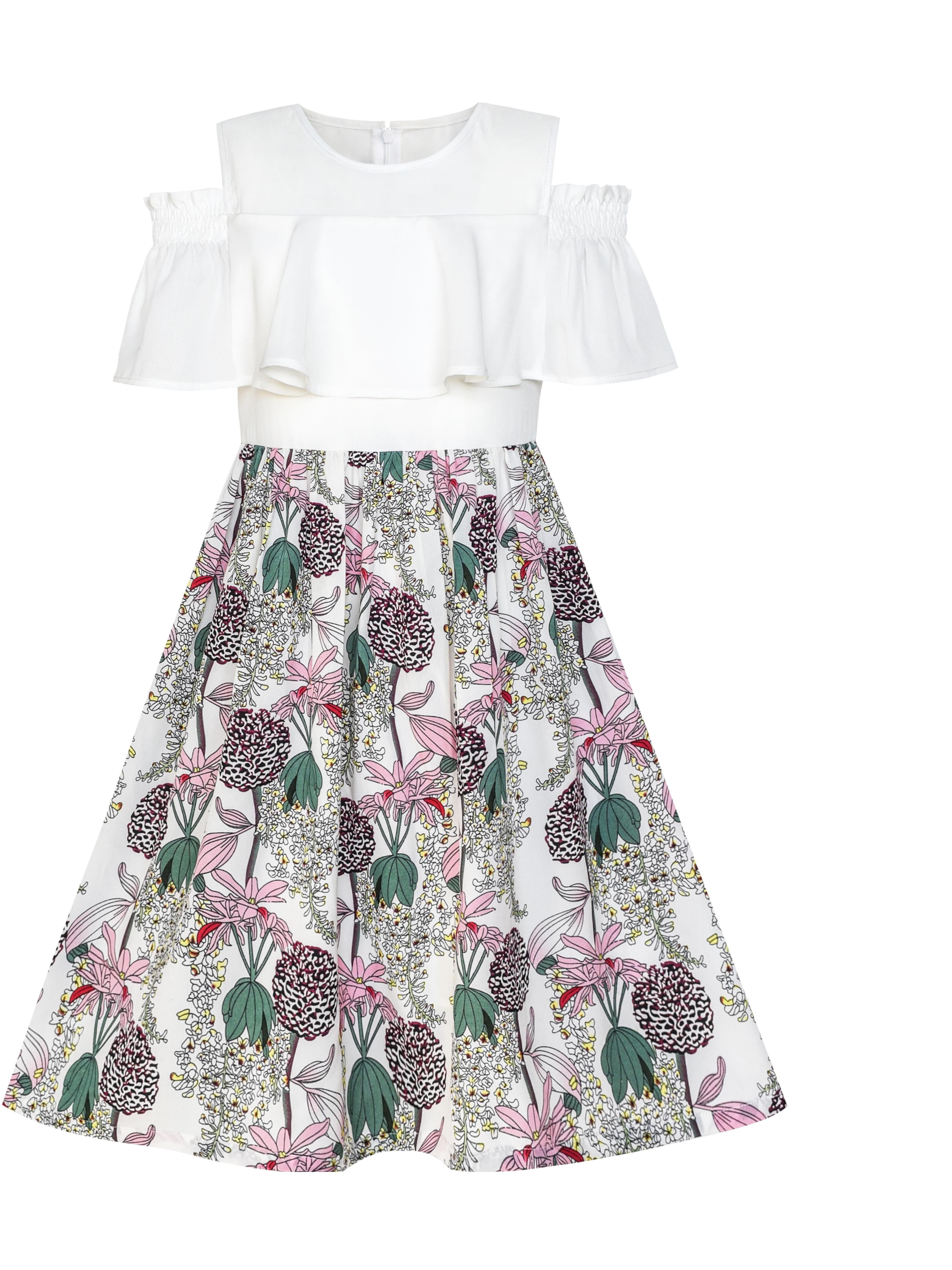 Girls Dress Chiffon Floral Ruffle Cold Shoulder Party Dress 14 ...